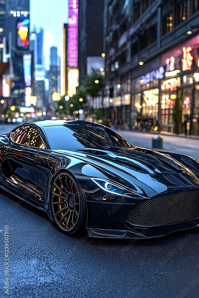 Sleek, black luxury sports car parked on a city street at dusk. The ...