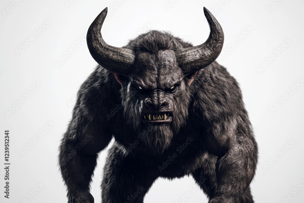 Large, menacing looking monster with horns and a mouth full of teeth ...