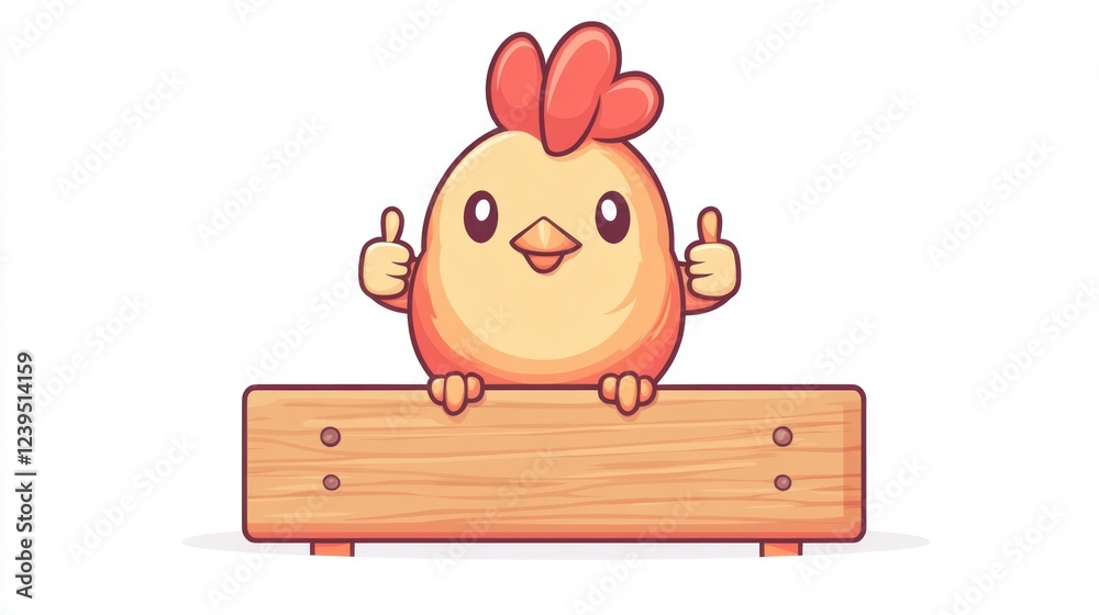 Cartoon chick gives thumbs up behind wooden plank with white background ...