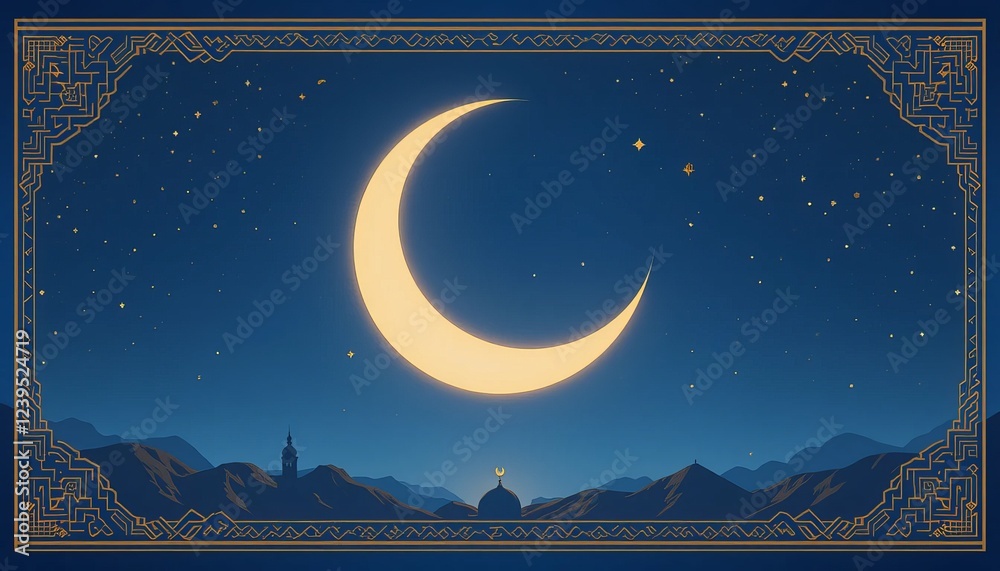 Artistic crescent moon design on a decorative frame with a starry night ...