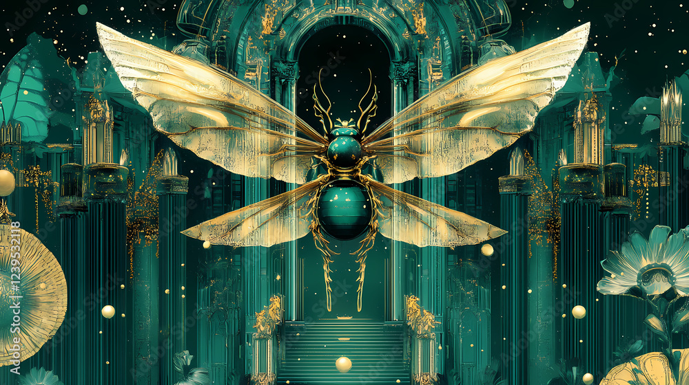 Divine insect enacting justice amid an opulent palace in the surreal ...