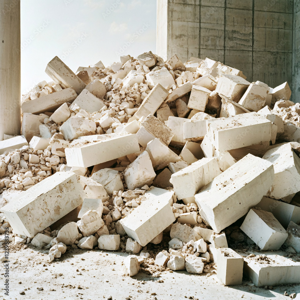 Piles of broken concrete blocks and rubble inside an unfinished ...