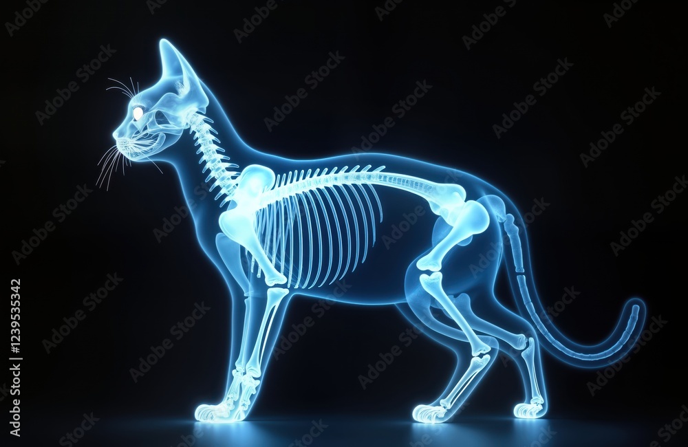 Ginger cat with highlighted skeleton. X-ray image shows cat anatomy. Ai ...