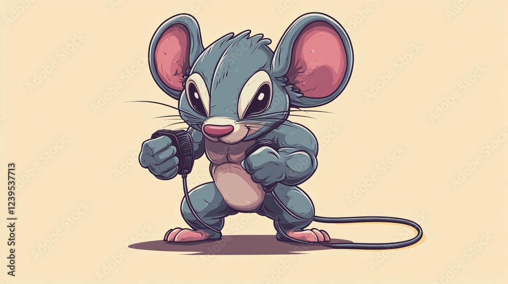 Cartoon Mouse Mascot Using a Computer with Arm Muscles Flexed in the ...