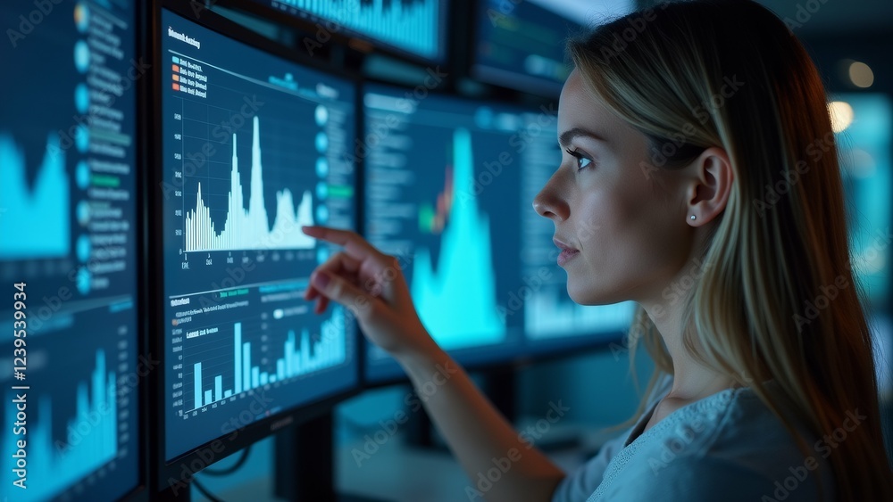 young woman sitting front multiple computer monitors control room she ...