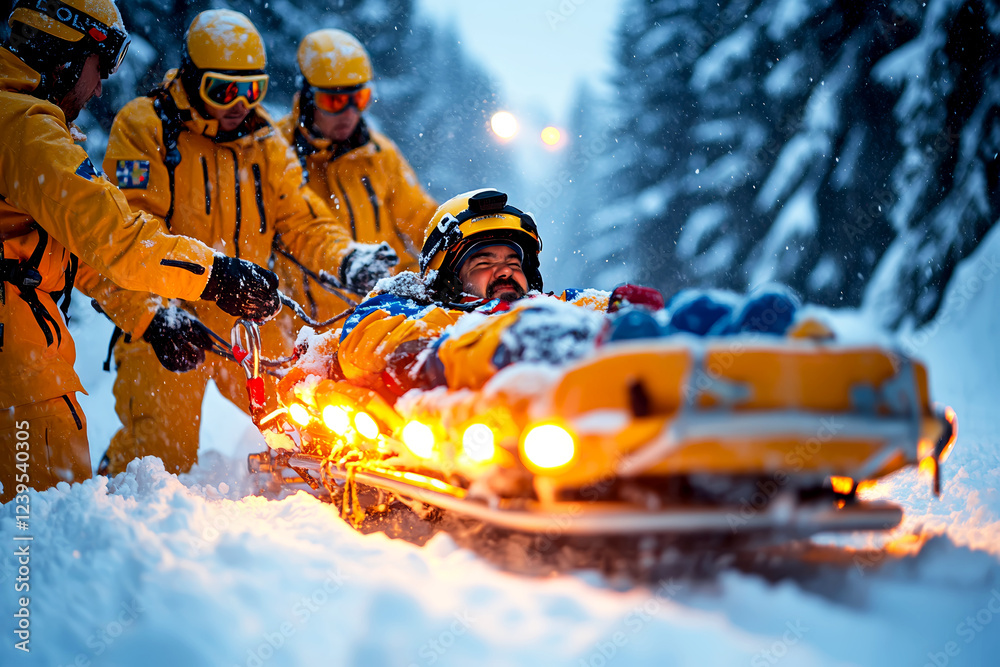 Ski patrol rescue operation, snowy mountain emergency, injured skier ...