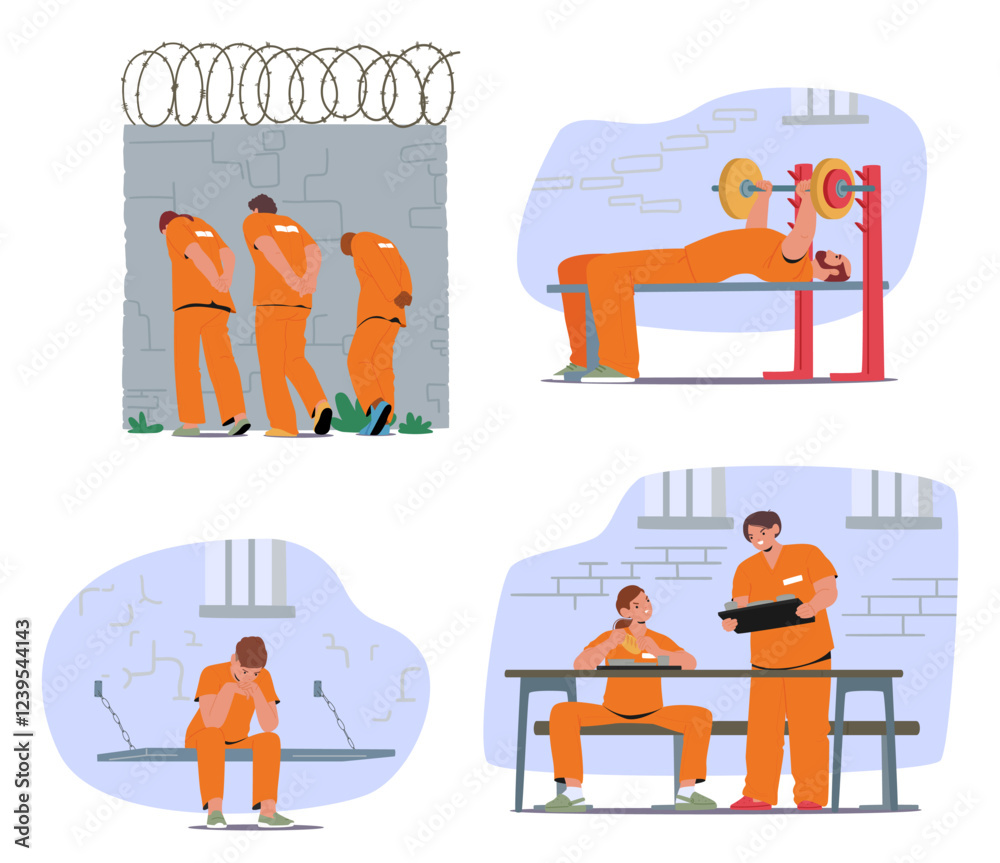 Daily schedule routine in jail, prisoner behavior and emotions cartoon ...