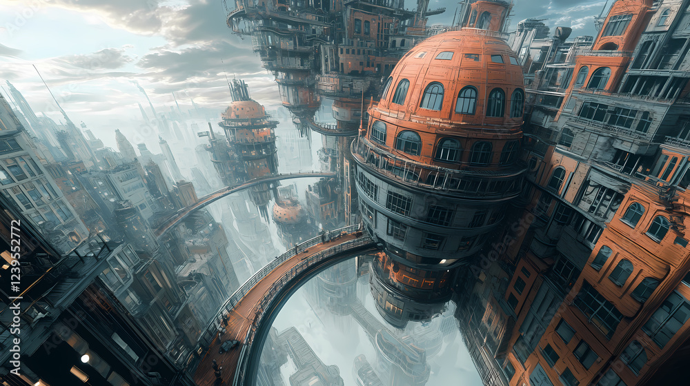 Buildings in a futuristic cityscape display dynamic perspectives and ...