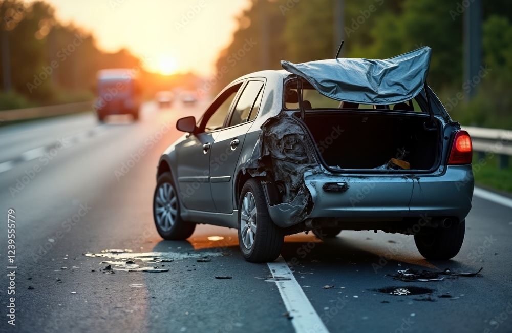 Damaged car on highway. Accident aftermath. Car severely damaged ...