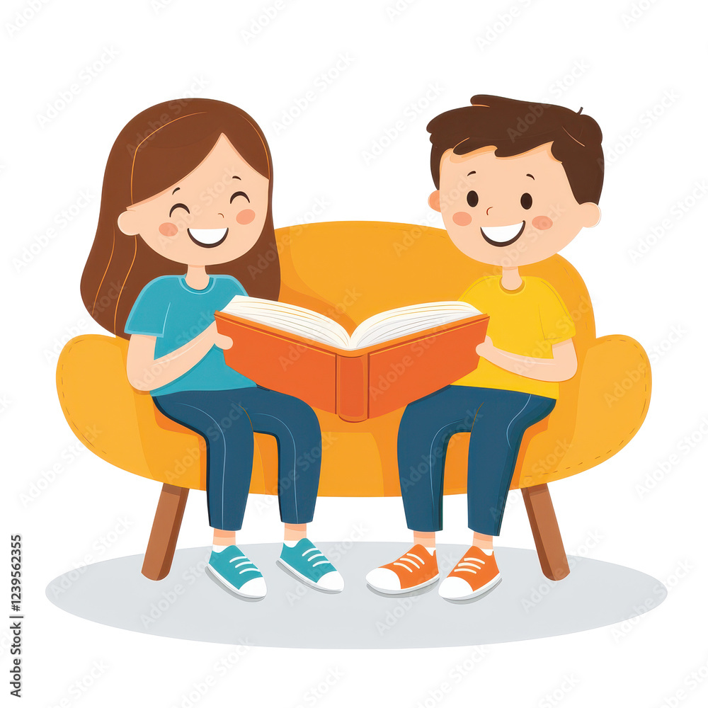 Two children happily reading a book on a cozy sofa, bright and cheerful ...