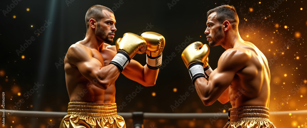 Two muscular athletes ready for boxing match in boxing ring. Wearing ...