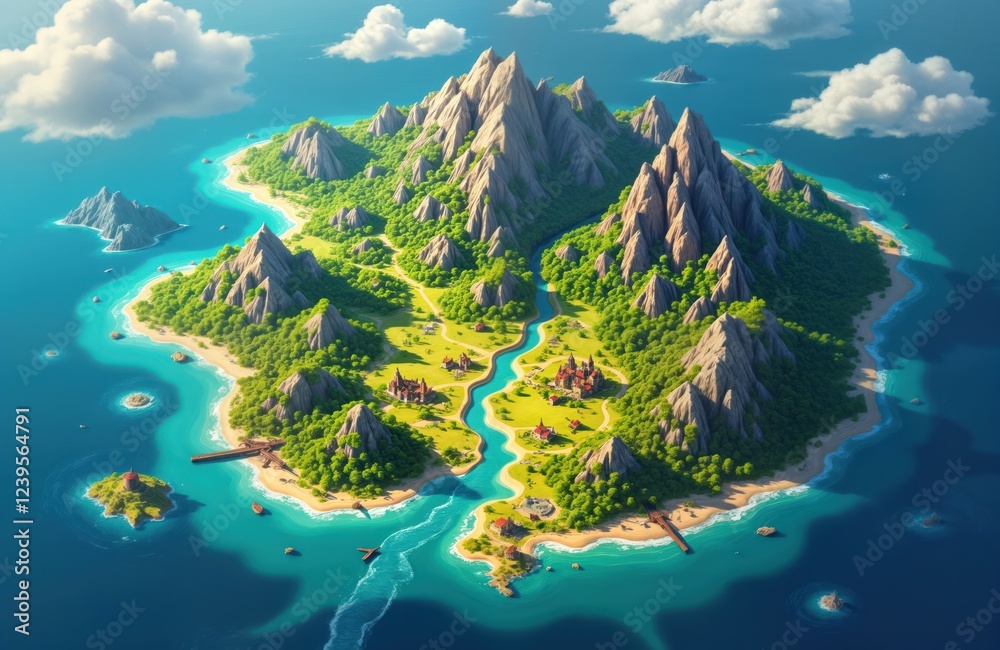 Enchanted island map shows green vegetation, towering mountains ...