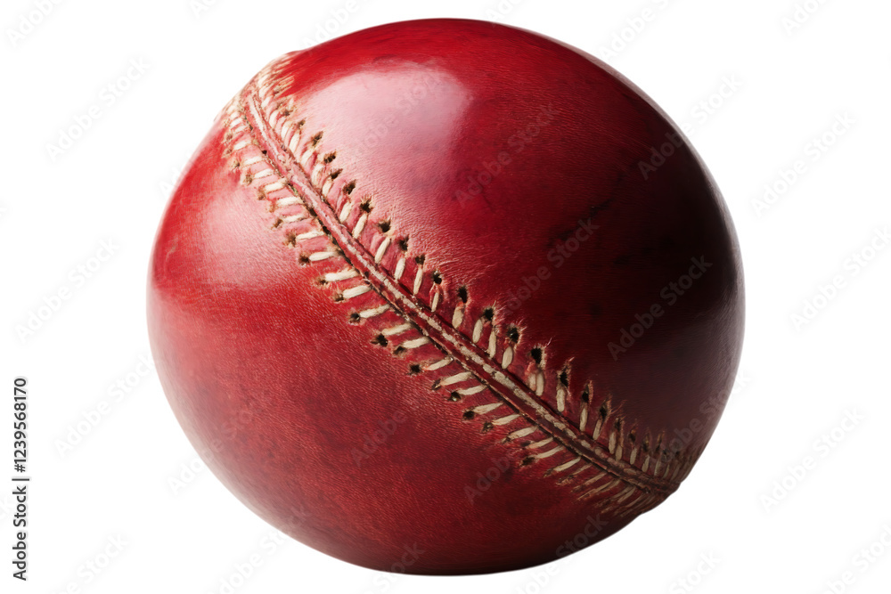 Classic red cricket ball with detailed seam stitching. With glossy ...