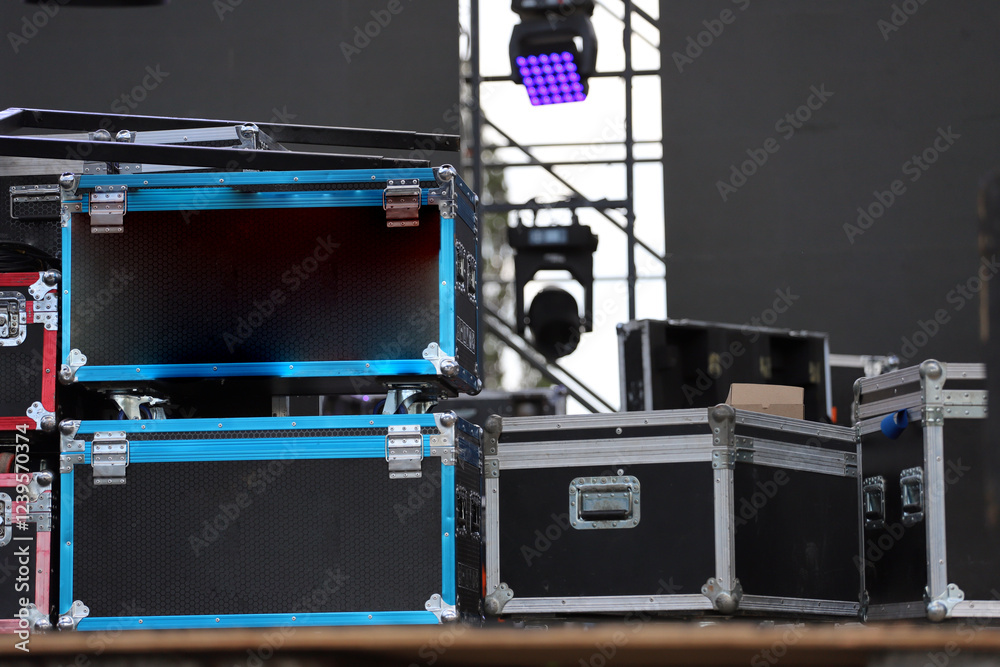 Drawers of technical equipment for the production of events on a stage ...