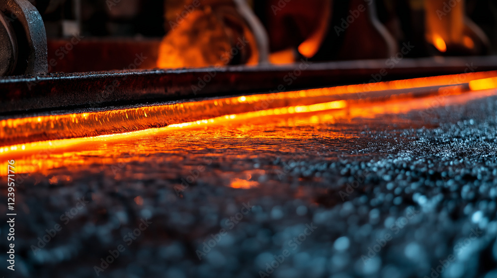 Molten steel flows intensely down a steel chute, the glowing red liquid ...