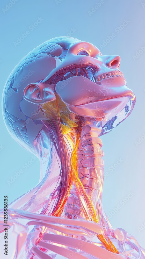 Medical visualization of a human neck showing cervical herniation with ...