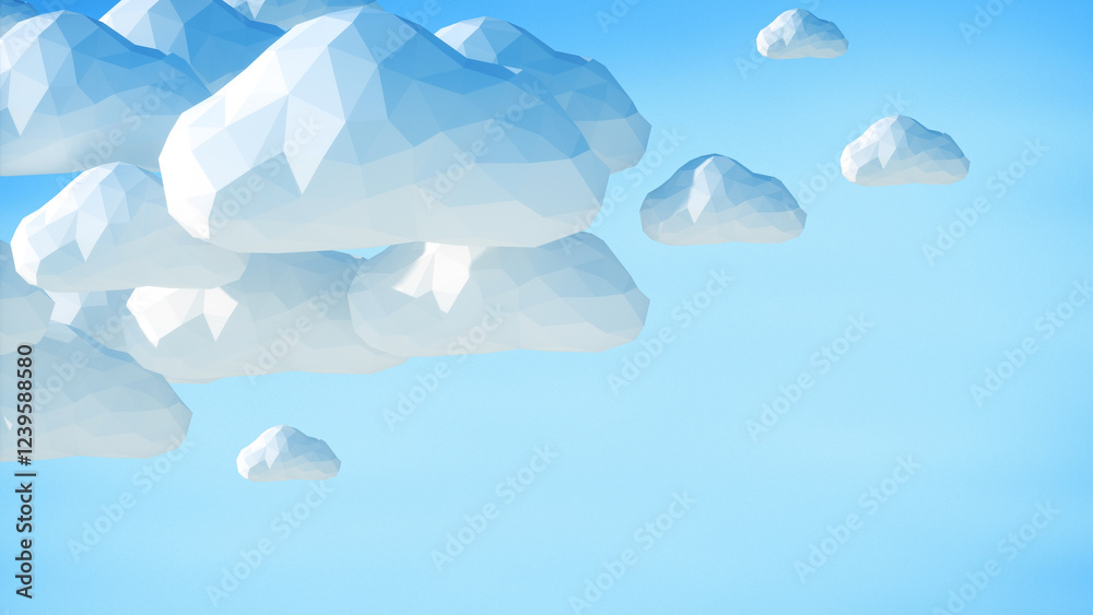 Stylized 3D render of low poly clouds against a clear blue sky. Modern ...