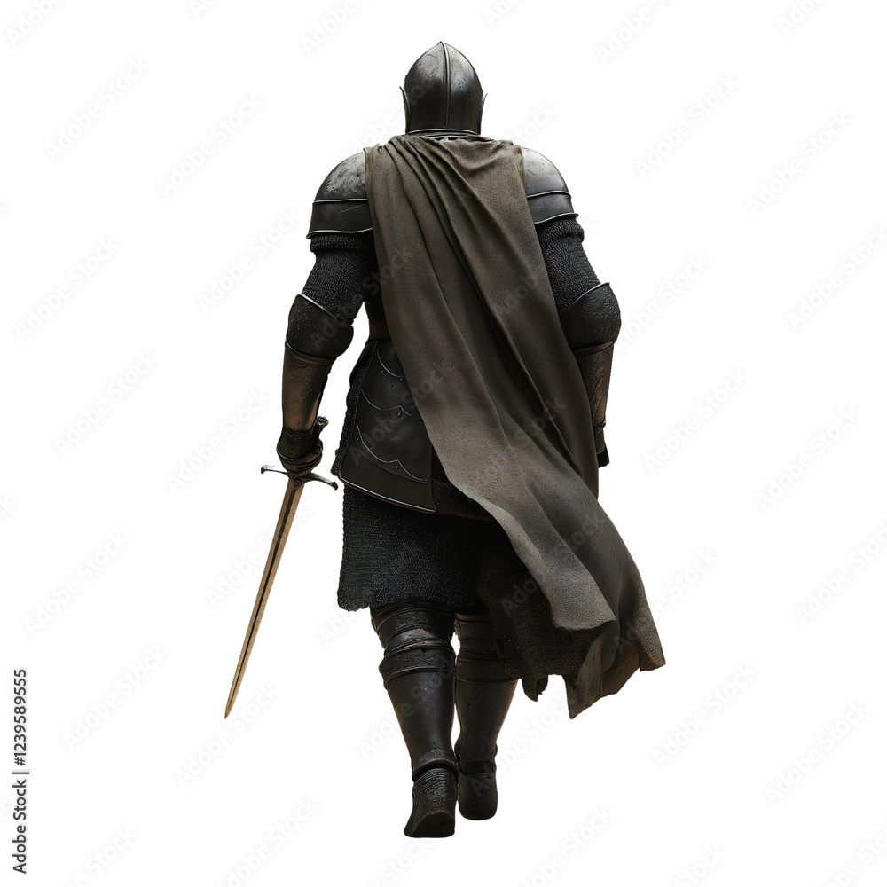 Medieval Knight in Armor Holding Sword Walking Back View Isolated on ...