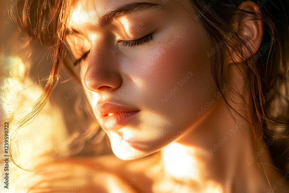 Golden hour sunlight illuminates a woman's face, her eyes gently closed ...