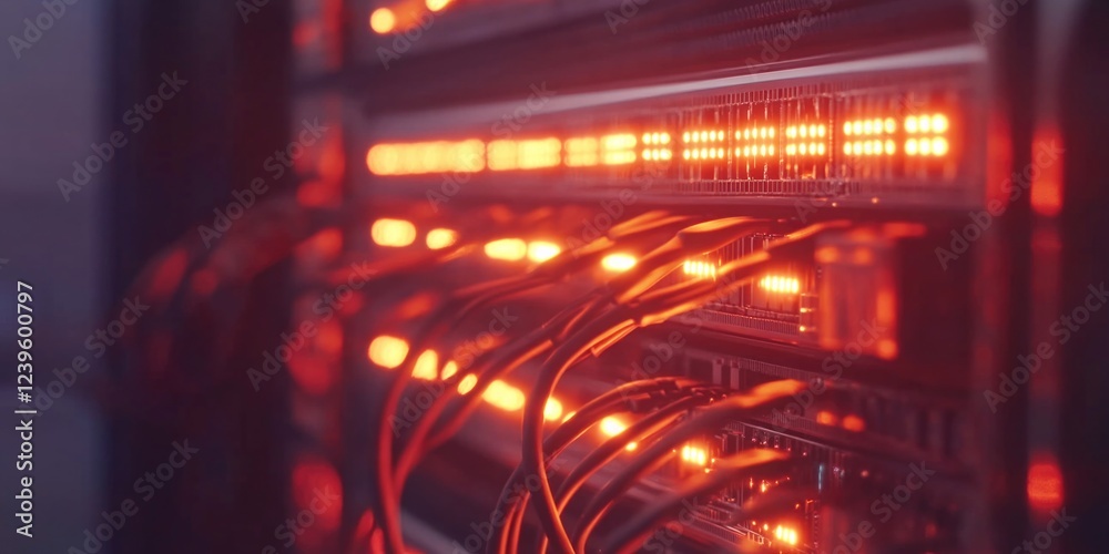A close-up image of a server rack with red LED indicators, commonly ...