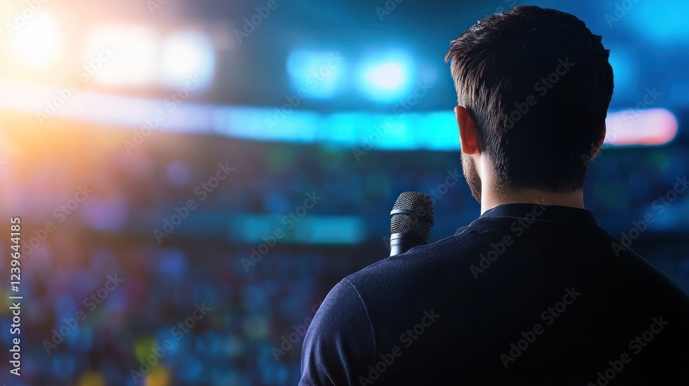 Speaker addressing an audience in a stadium. Stock Photo | Adobe Stock