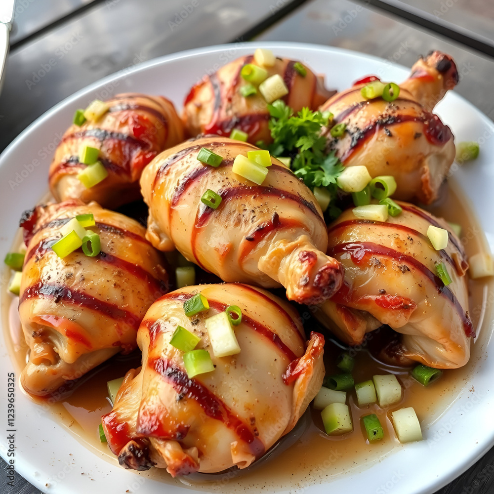 Muslos de pollo con marcas de parrilla y decorados con perejil fresco ...