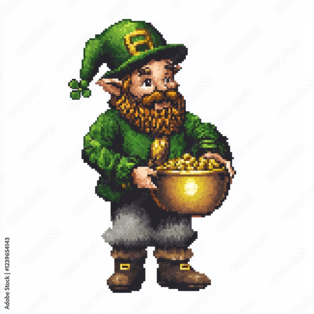 Pixel Art Leprechaun Holding Pot of Gold St. Patrick's Day Irish ...