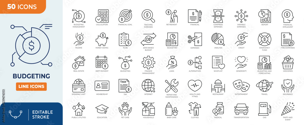Budgeting line editable icon set. Containing icons related to budgeting ...