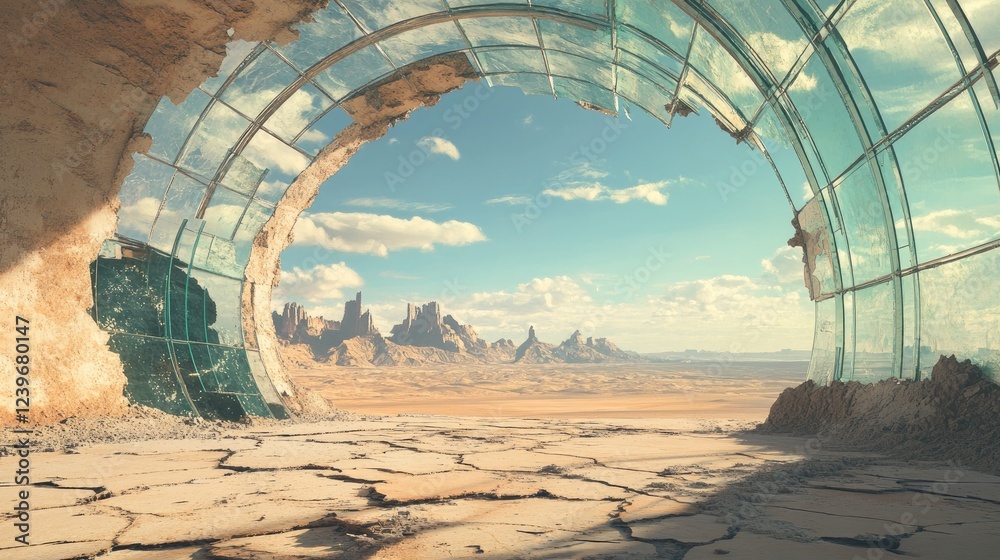Greenhouse ruins in a sun-baked desert, with fragments of glass ...