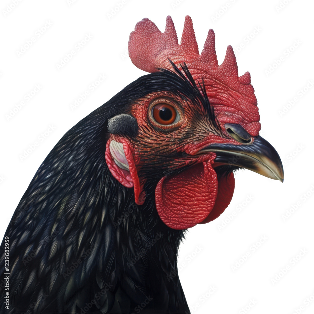 detailed illustration of black chicken with prominent red comb and ...