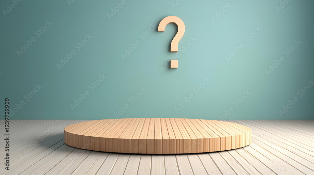 3D Wooden Podium with Question Mark on Turquoise Background for ...