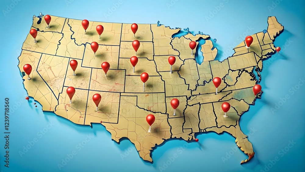 US Map with Location Markers Stock Photo | Adobe Stock