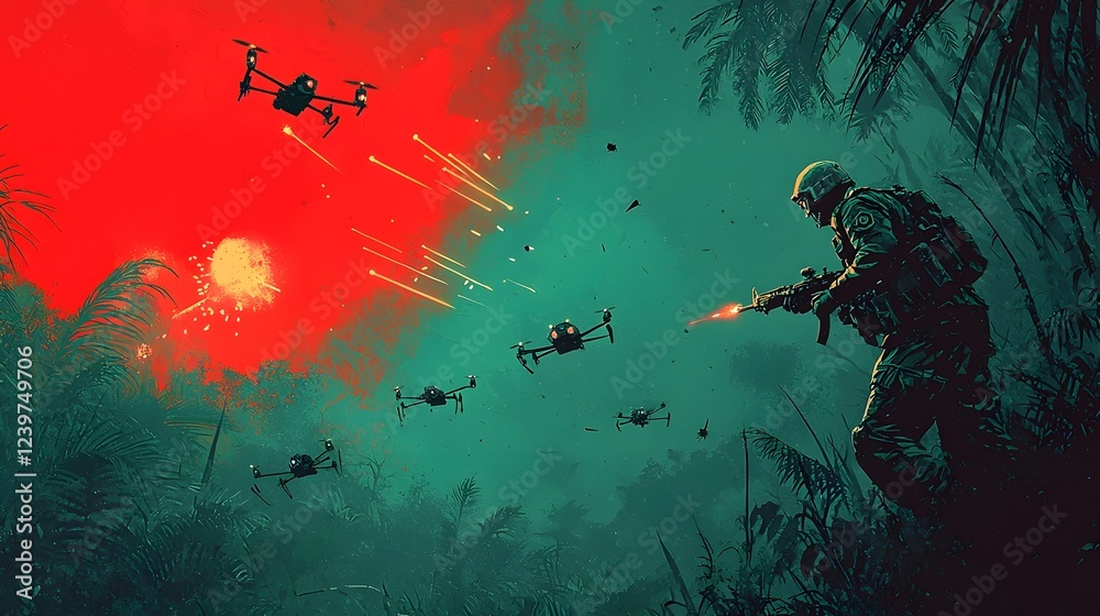 Intense combat scene of soldiers fighting off a swarm of AI controlled ...