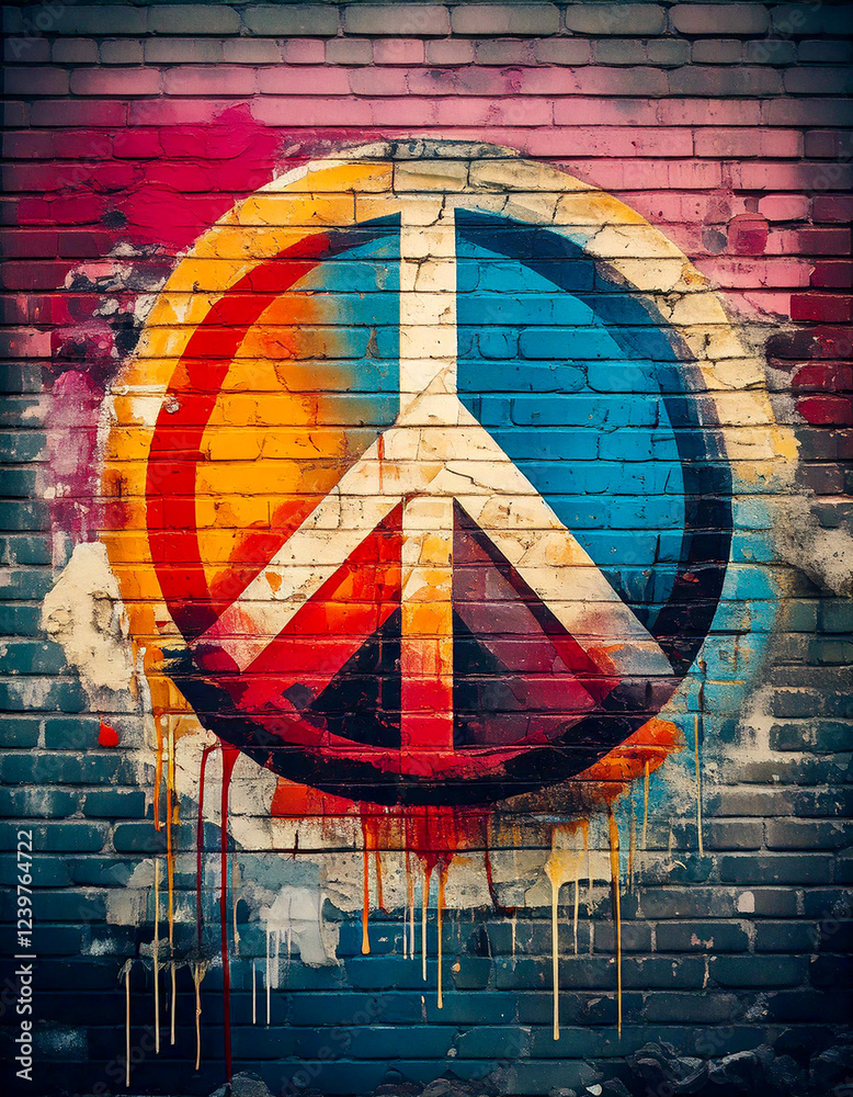 peace sign symbol painted in graffiti on urban grunge rick wall, street ...