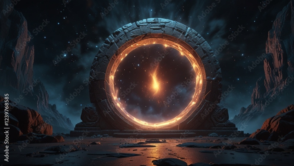 Ancient stone portal with swirling nebula vortex, rune carvings ...