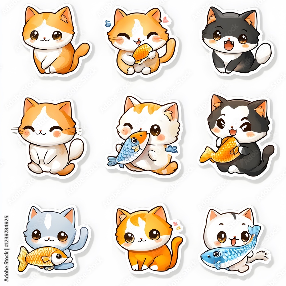 Cute chibi cats eating fish digital art playful environment full shot ...