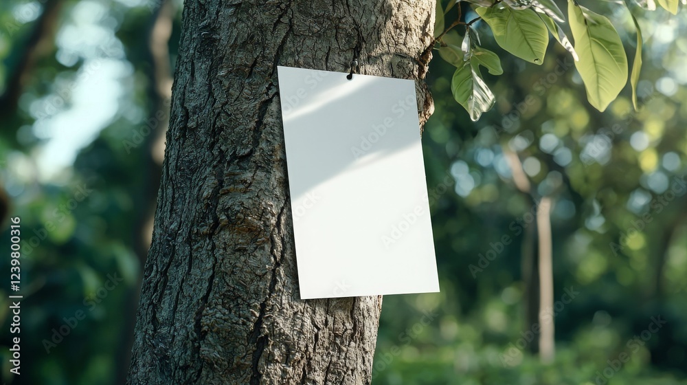 Blank white paper mockup attached to tree trunk in lush green forest ...