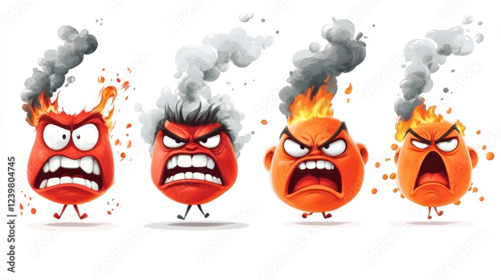 Four angry cartoon characters in stages of fiery rage, illustrating ...