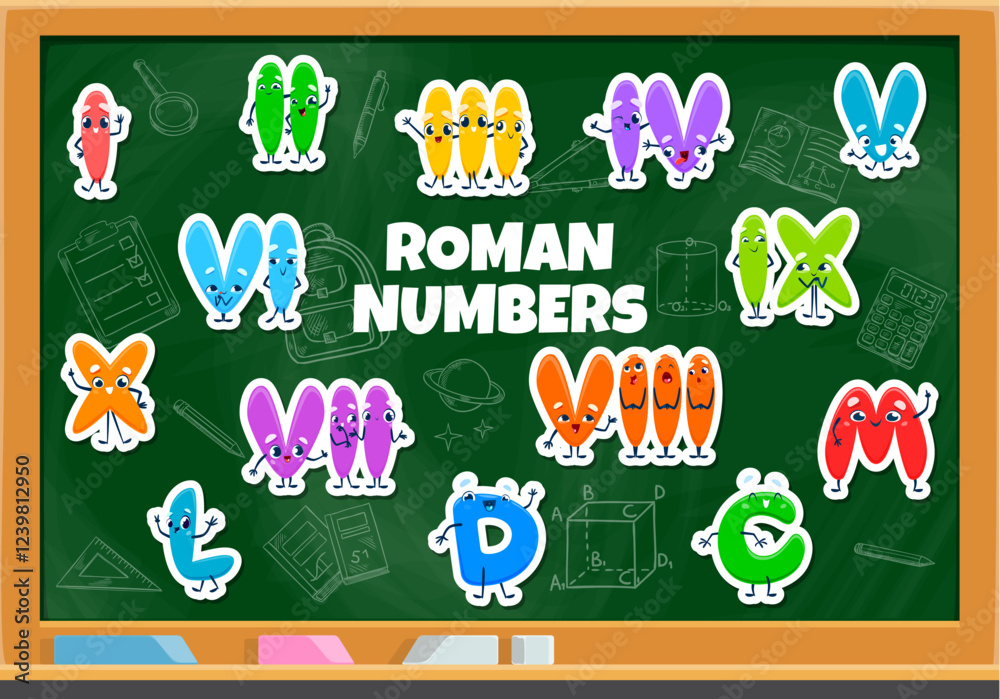 Cartoon Roman number characters stickers pack for kids mathematics ...