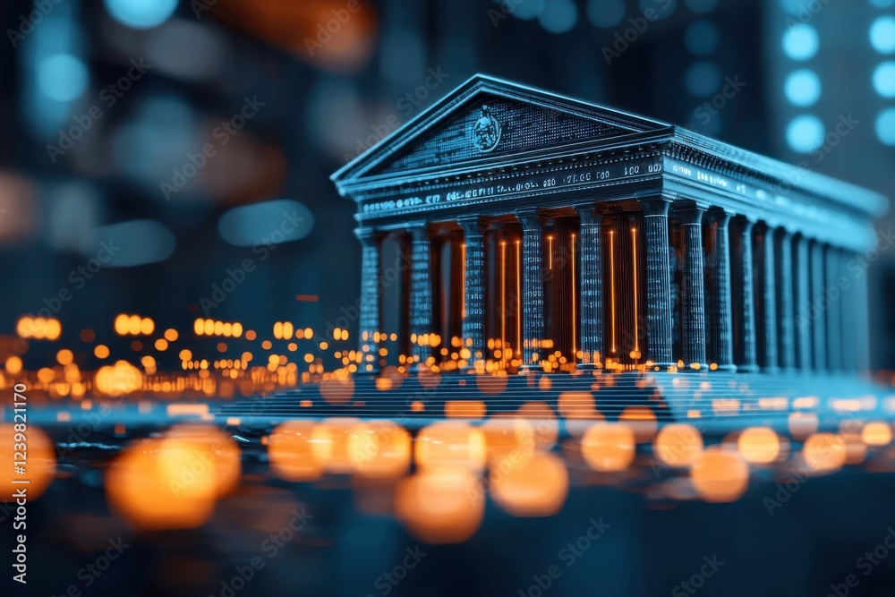 Illuminated Courthouse with Ticker Symbols and Financial Displays in a ...