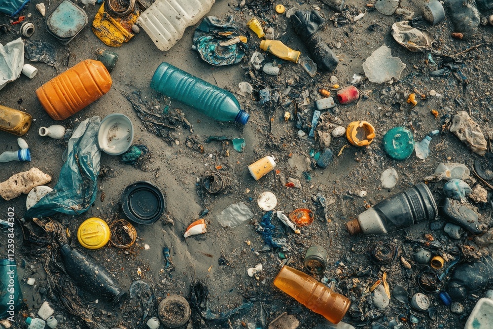 Plastic waste litters a sandy shore, bottles and containers scattered ...