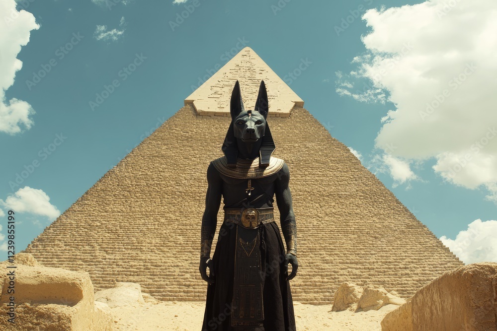 Anubis stands before an ancient Egyptian pyramid Stock Photo | Adobe Stock