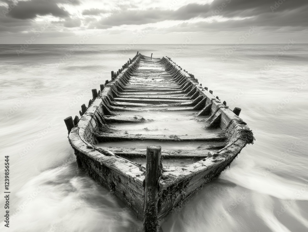 Long exposure image of old abandoned fisherman jetty in black and white ...
