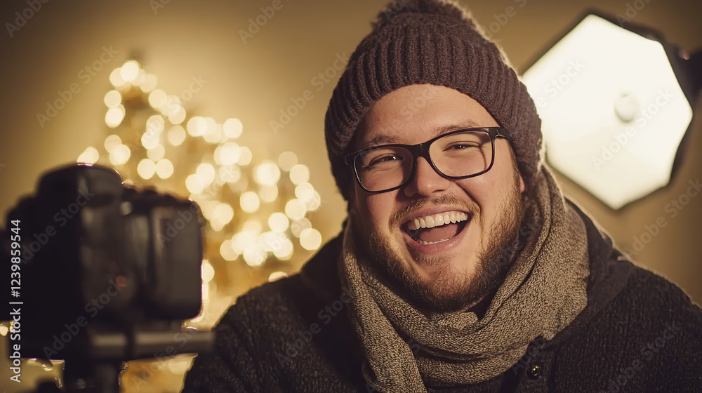 Digital content creator recording video in a modern home studio setup ...