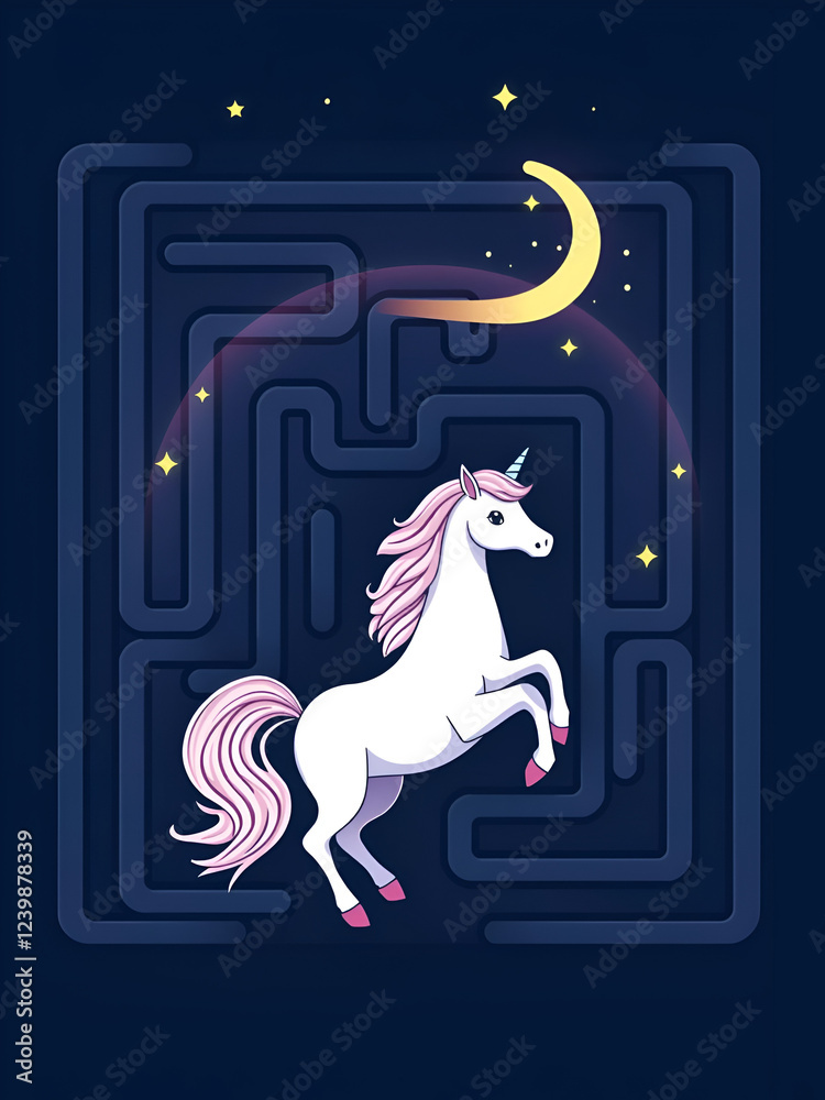 Abstract maze. Magical unicorn. Game for kids. Puzzle for children. Labyrinth conundrum. Find ...