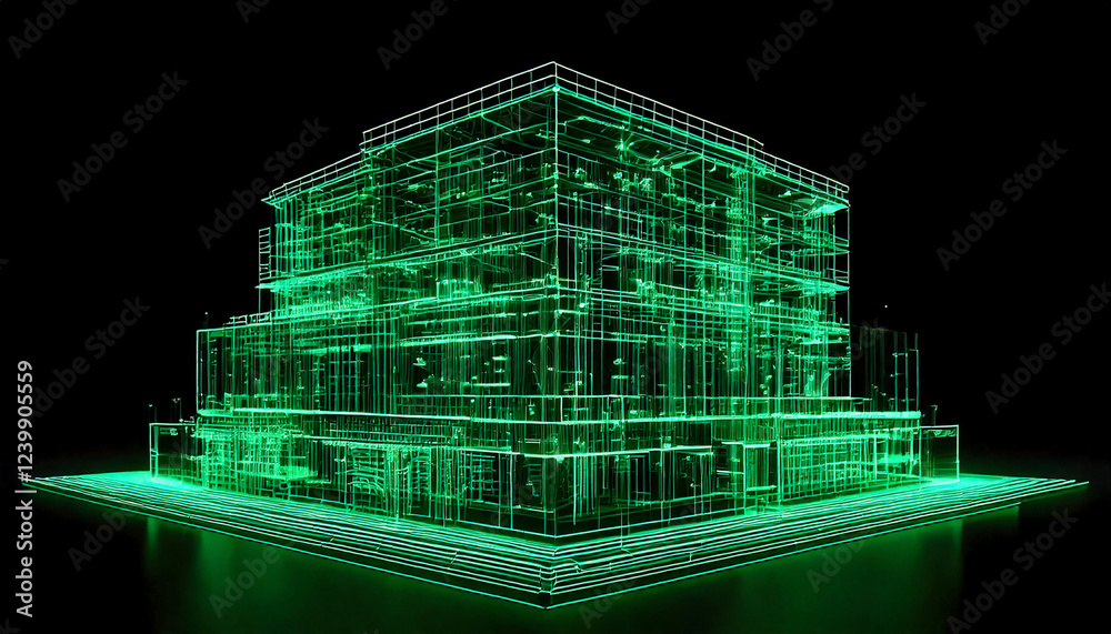 Wireframe hologram, an x-ray image of a modern building with glowing ...
