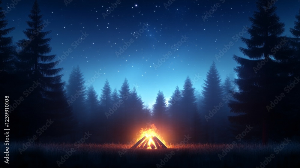 Campfire glows in a dark forest at night under a starry sky, perfect ...