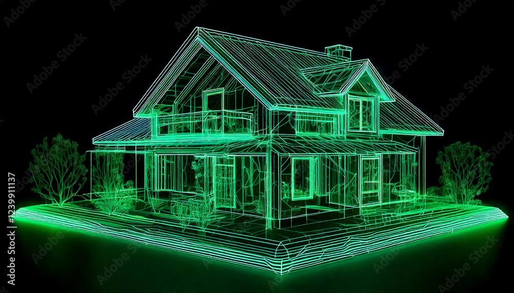 Wireframe hologram, an x-ray image of a modern cottage with glowing ...