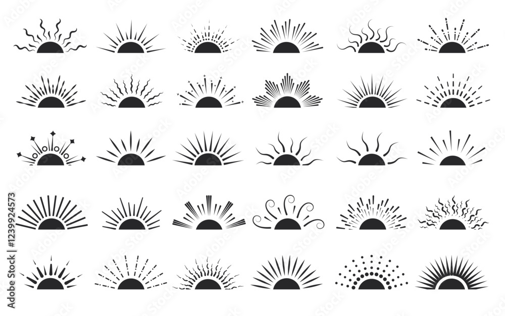 Half sun silhouette clipart set. Sun icon clip art collection with ...