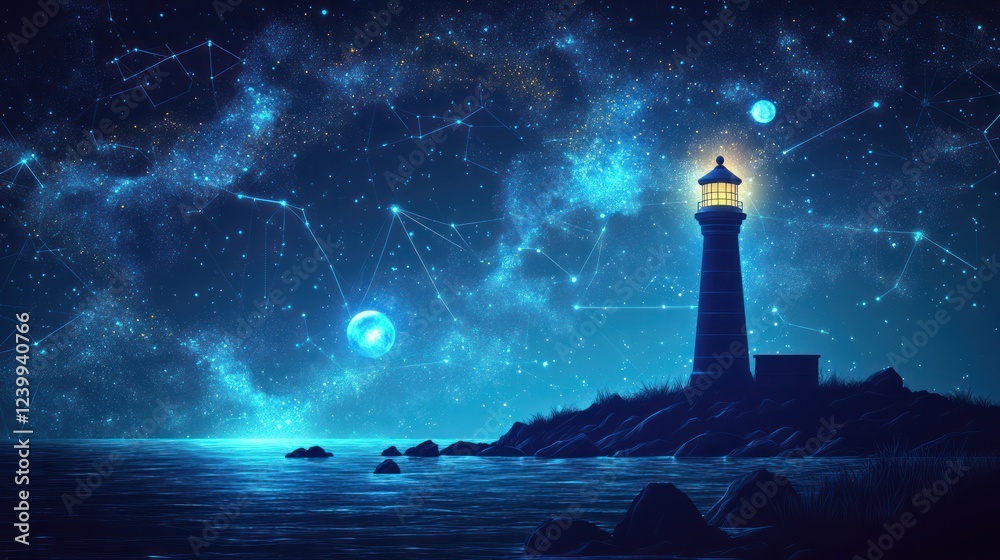 Luminous lighthouse on a rocky coast under a vibrant, starry night sky ...